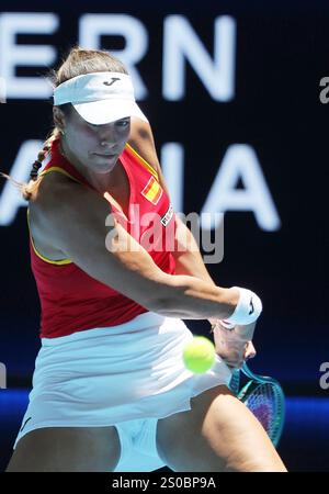 Jessica Bouzas Maneiro, of Spain, hits a return to Victoria Mboko, of ...