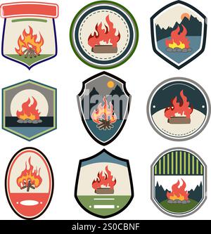 nostalgia retro bonfire badge cartoon. outdoors scout, adventure ...