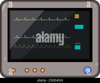 telemetry ekg monitor cartoon. portable device, leads signal, analysis ...