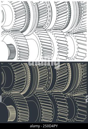 Stylized vector illustrations of gearbox mechanisms close-up retro ...