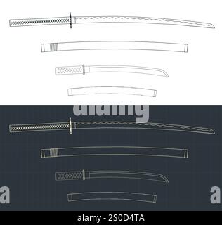 Traditional Japanese swords blueprints illustration Stock Vector Image ...