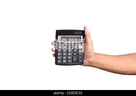 Hand hold calculator isolated on white background Stock Photo - Alamy
