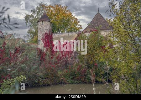 Towers of the medieval defence wall around 1200, in front the Woernitz ...