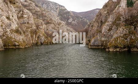 Aerial view of Matka lake with a dam power plant and Treska river in ...
