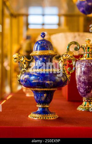 Blue glass jars with lids display at The Louvre, Paris, France Stock ...