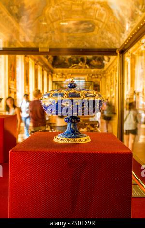 Blue glass jars with lids display at The Louvre, Paris, France Stock ...