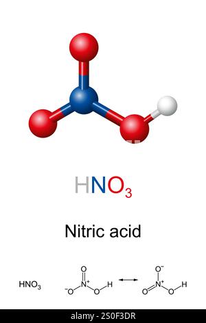 Nitric acid (HNO3) molecule, chemical structure. Strong and corrosive ...