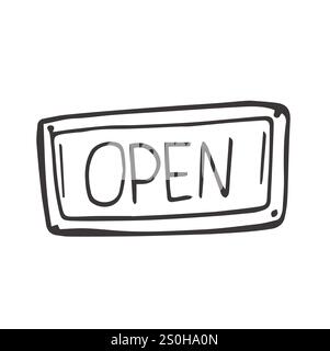 Hand drawn open sign element. Doodle sketch style. Shop door or window ...