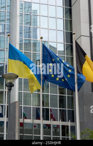 European Union flags and a Ukrainian flag are displayed during the ...