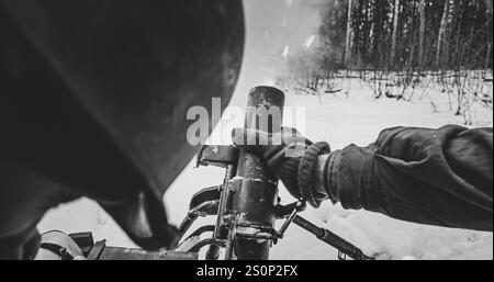 Mortar Shooting Explosions Forest. Close-up View On Re-enactors Dressed ...