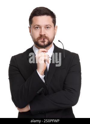 Portrait of banker with glasses on white background Stock Photo - Alamy