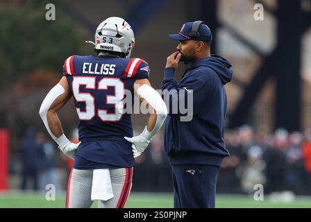 New England Patriots linebacker Christian Elliss (53) drops into ...