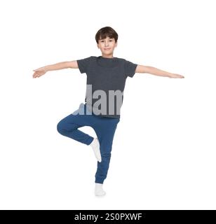 Boy doing exercise on white background. Sport activity Stock Photo - Alamy
