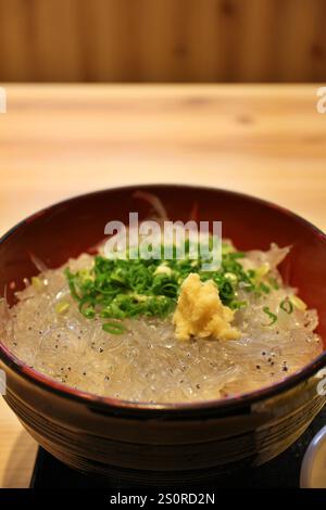 Japanese cuisine: raw whitebait rice bowl, miso soup and tsukemono in ...