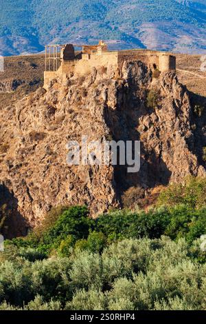 Lanjaron Castle or Castillo de los Moros aerial panoramic view, it is a ...
