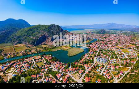 Boats at Dalyan river aerial panoramic view. Dalyan is a town in Mugla ...