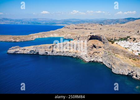 Saint Paul's Beach aerial panoramic view in Lindos town at Rhodes ...