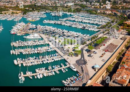 Antibes port aerial panoramic view. Antibes is a city located on the ...