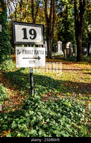 Signboard pointing the grave of Czech writer Franz Kafka in the New ...