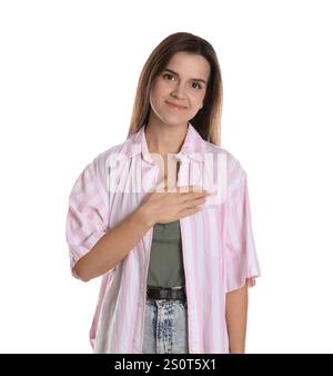 Woman making promise on white background. Oath gesture Stock Photo - Alamy