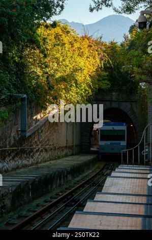 View with stairs of a stop of the historic Mergellina funicular. Naples ...