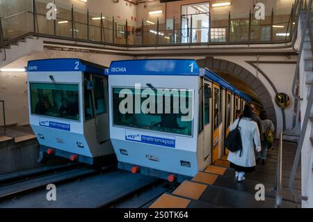 View with stairs of a stop of the historic Mergellina funicular. Naples ...