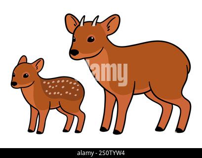 Adult and baby Pudu, small South American deer. Black and white line ...