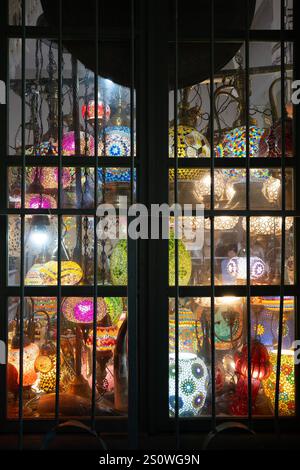 Display of colourful oriental lamps in the market in Marrakesh, Morocco ...