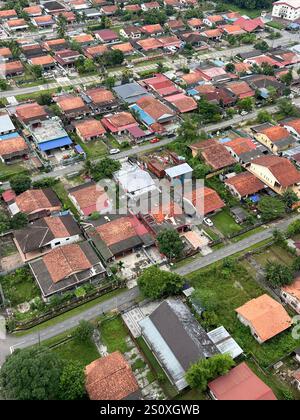 Aerial view of suburban landscape with private homes between green palm ...