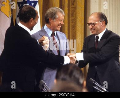 Anwar Sadat Jimmy Carter and Menahem Begin at the Camp David Accords ...