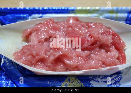 Minced raw hon-maguro (pacific bluefin tuna) purchased at a supermarket ...