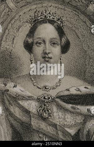 Maria II of Portugal (1819-1853) on engraving from 1859. Queen regnant ...