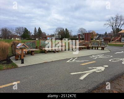 Artistic wooden benches at Bellevue Park in Pincourt, Quebec, Canada ...