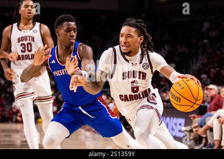 South Carolina guard Jamarii Thomas (6) is knocked down by Texas A&M ...