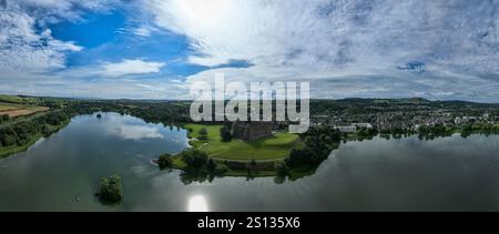 Aerial view of Linlithgow Abbey and the ruins of Linlithgow Palace ...