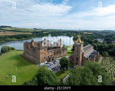 Aerial view of Linlithgow Abbey and the ruins of Linlithgow Palace ...