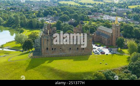 Aerial view of Linlithgow Abbey and the ruins of Linlithgow Palace ...