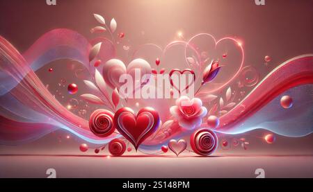 Romantic image of abstract characters in love, glowing hearts, and ...