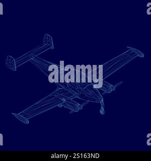 Blue airplane is shown in a blue background. The airplane is a fighter ...