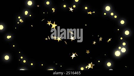 Image of stars falling and christmas fairy lights flickering over black ...