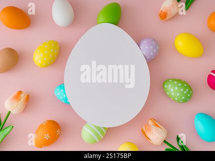 Pastel Easter background with tulip flowers and colorful painted Easter ...