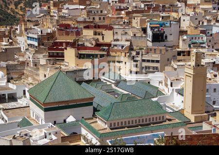 aerial view of the Medina and religious complez of Zawiya at Moulay ...