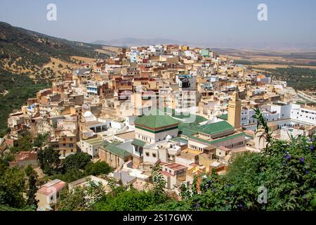 aerial view of the Medina and religious complez of Zawiya at Moulay ...