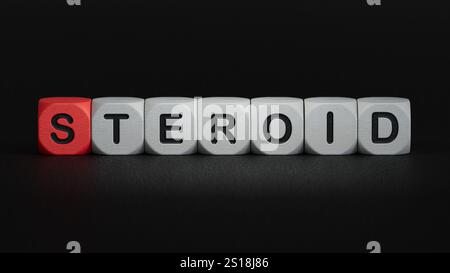 Word STEROID made from wooden letters . Plant on backgound. Medical ...