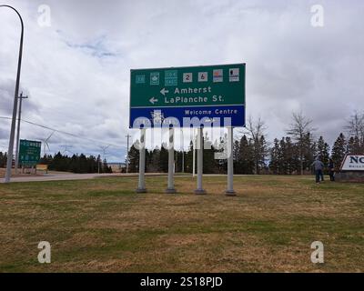 Directional highway sign on NS 104 in Amherst, Nova Scotia, Canada ...