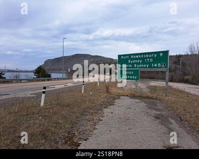 Highway signs on the Canso Causeway in Port Hastings, Nova Scotia ...
