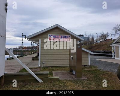 Chill Zone sign at the waterfront in Sydney, Nova Scotia, Canada Stock ...