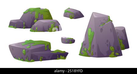 Moss covered stone blocks and swamp rocks set - grey boulders with ...