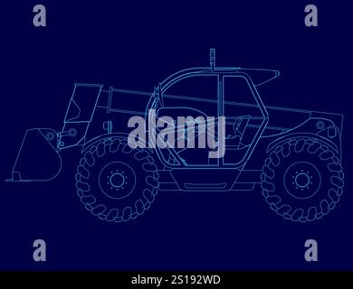 Blue drawing of a tractor with a large scoop on the front. The tractor ...