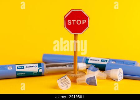 Wooden Stop Sign Next to Ozempic 1 ml and Semaglutide Medications in ...